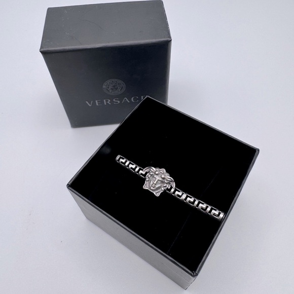 Versace | Jewelry | Versace Medusa Greca Engraved Silver Tone Double Ring | Poshmark